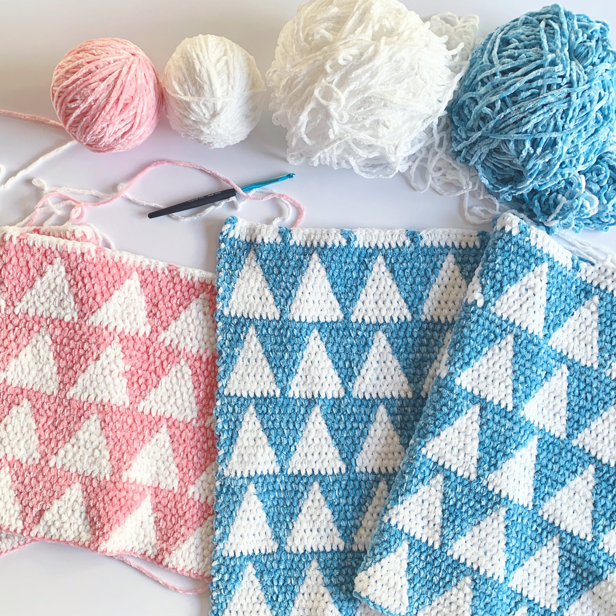 Crochet Velvet Stacked Triangles Blanket in Pink - Daisy Farm Crafts