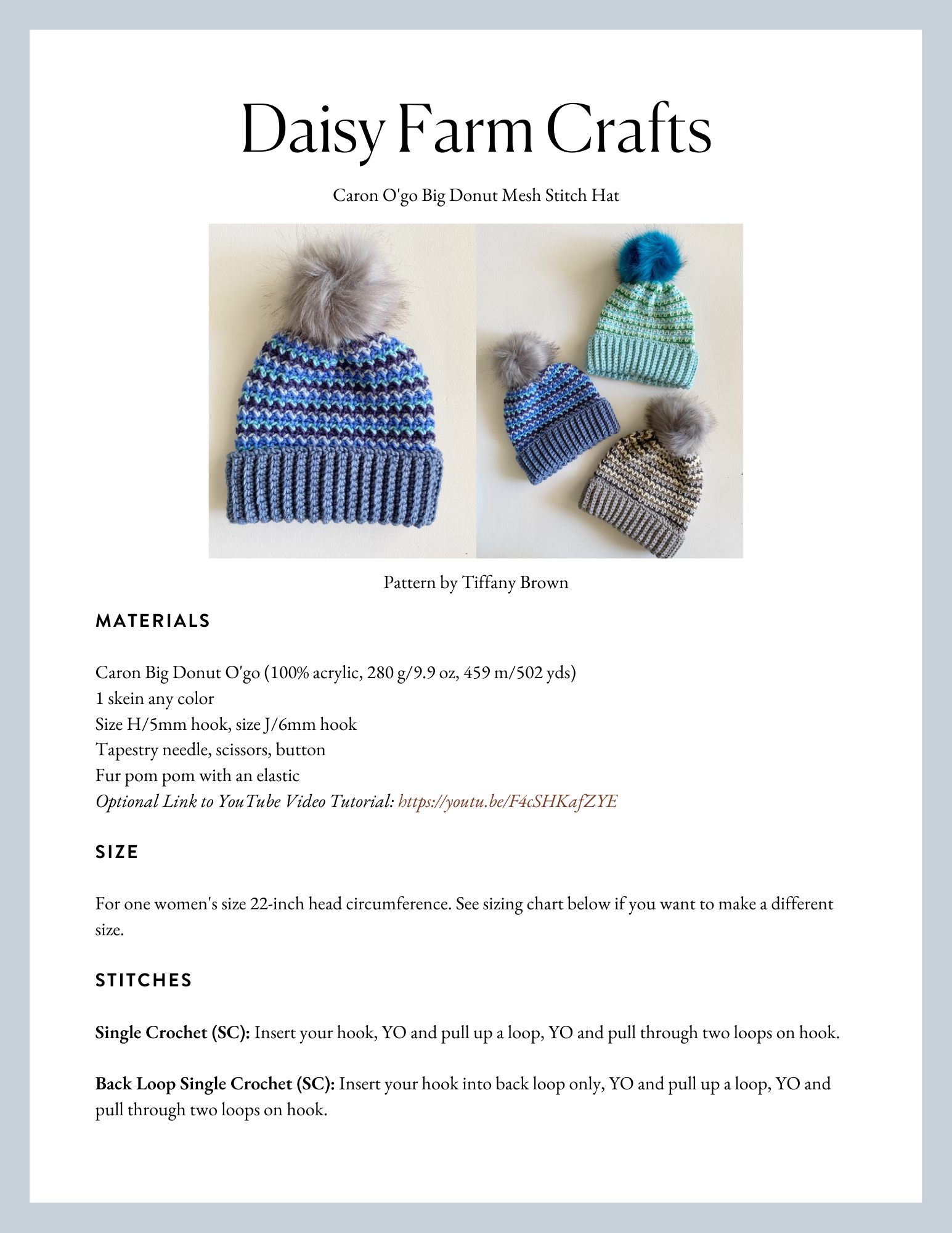 Caron O'go Big Donut Mesh Stitch Hat - Daisy Farm Crafts