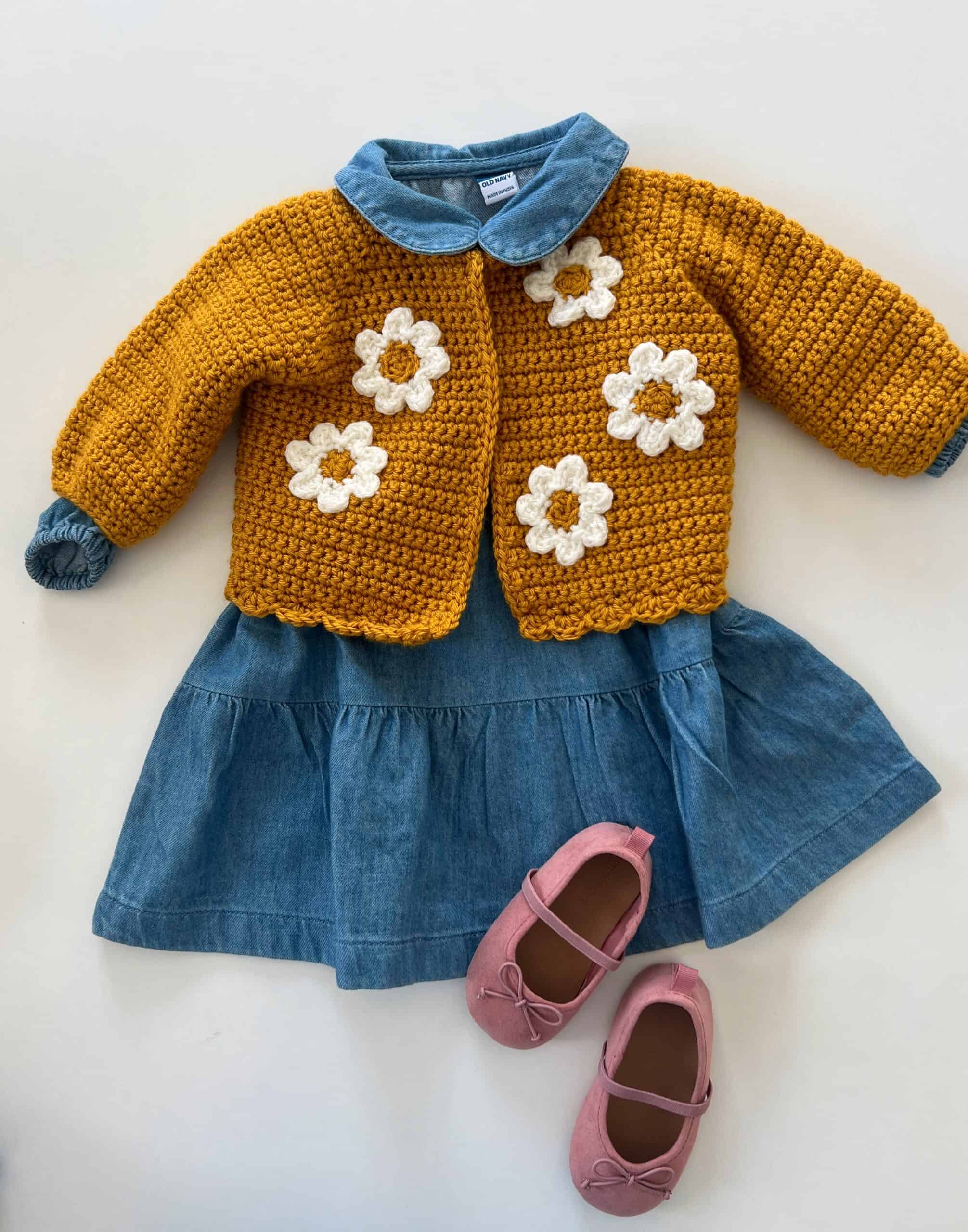 Crochet Single Crochet Baby Sweater with Daisy Flowers - Daisy Farm Crafts
