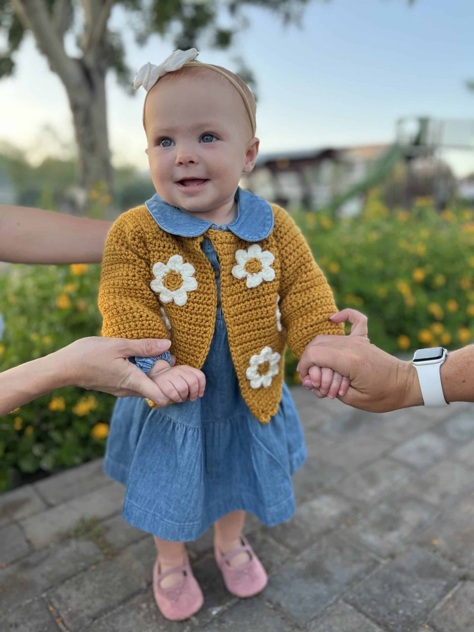 Crochet Single Crochet Baby Sweater with Daisy Flowers - Daisy Farm Crafts